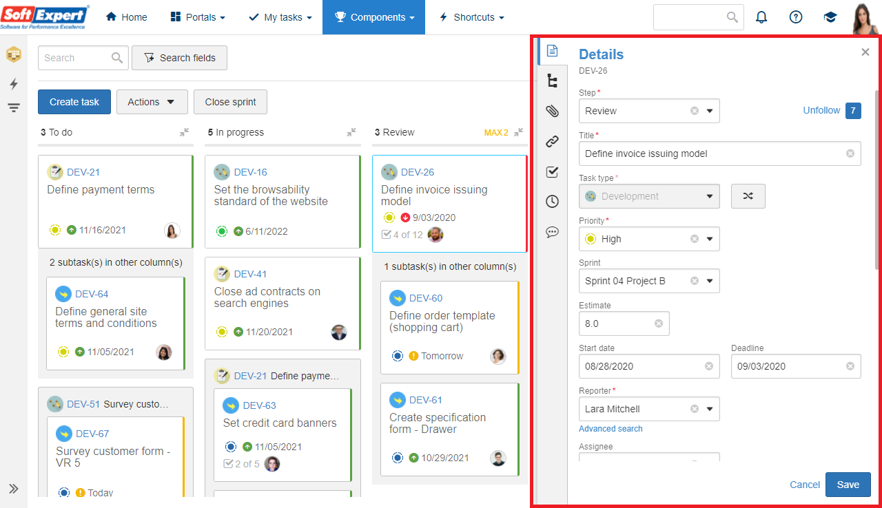 SoftExpert Kanban: gestión de iniciativas y subactividades